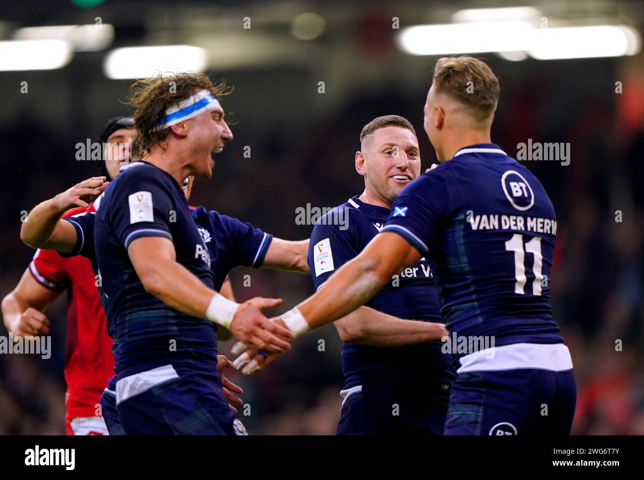 Scotland's Duhan van der Merwe (right) celebrates with team-mates Finn ...