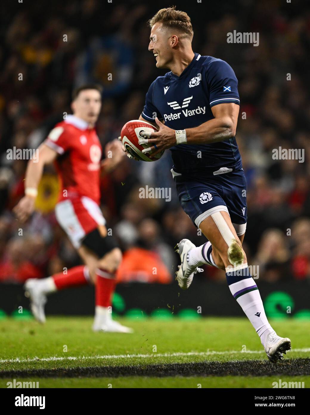 Duhan van der Merwe of Scotland goes over for a try during the 2024 ...