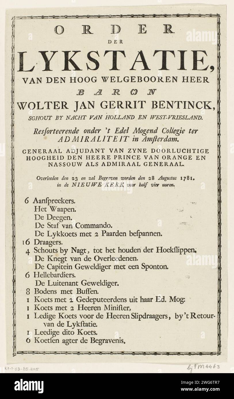 Message about the corpse of Wolter Jan Gerrit Baron Bentinck, 1781 ...