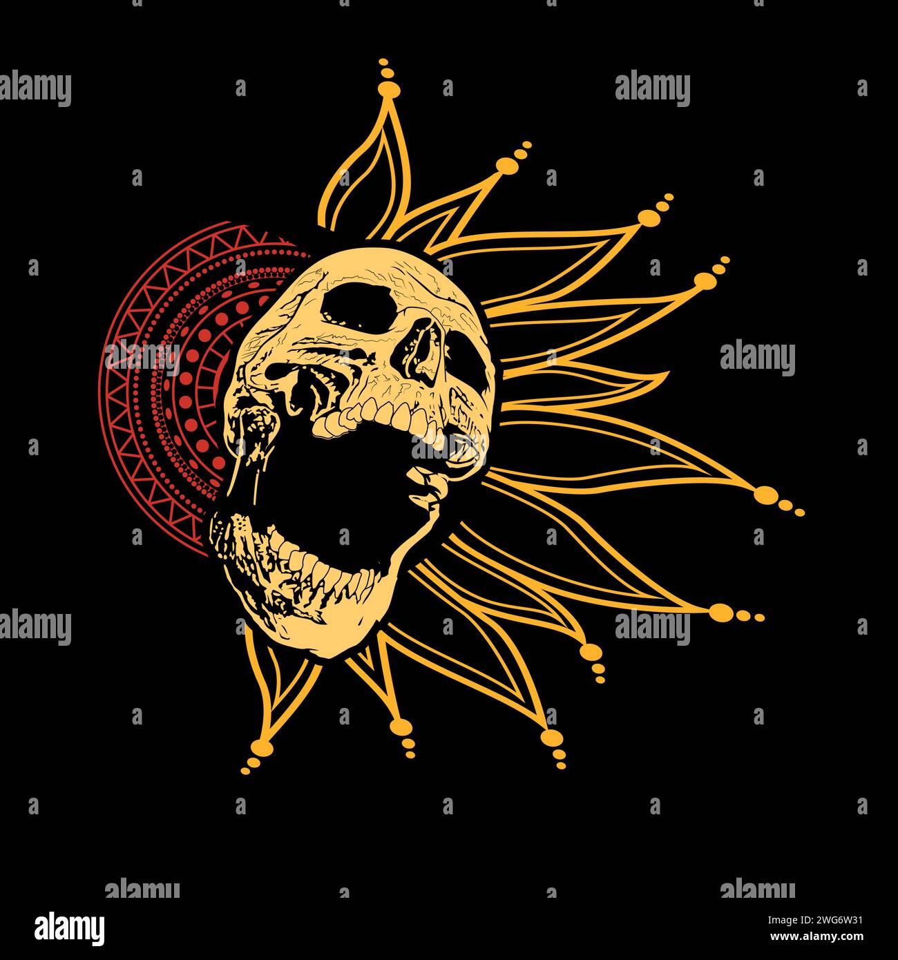 T-shirt design of a screaming skull with its mouth open and sun rays on ...