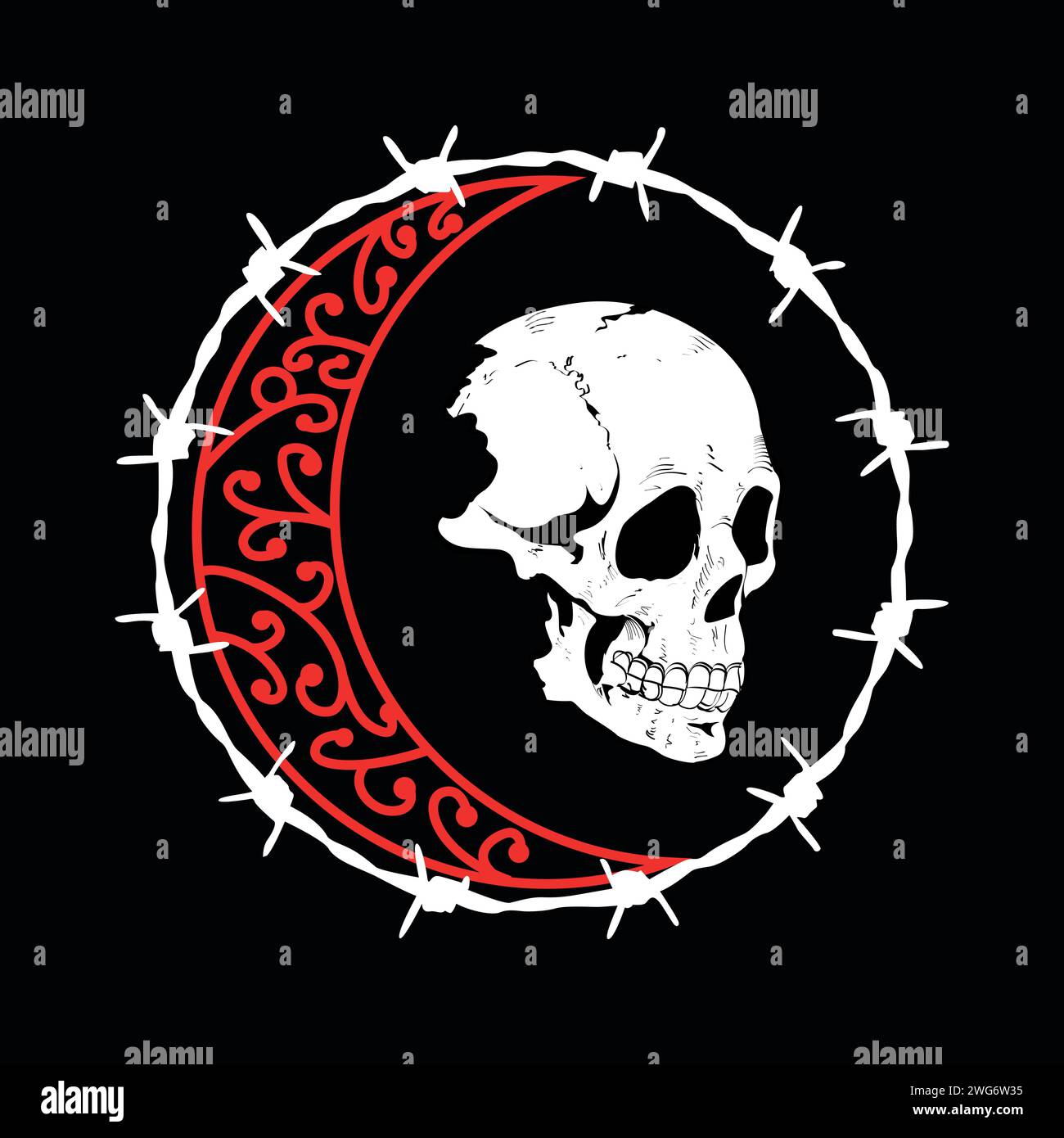 T-shirt design of a skull surrounded by barbed wire and a red crescent ...