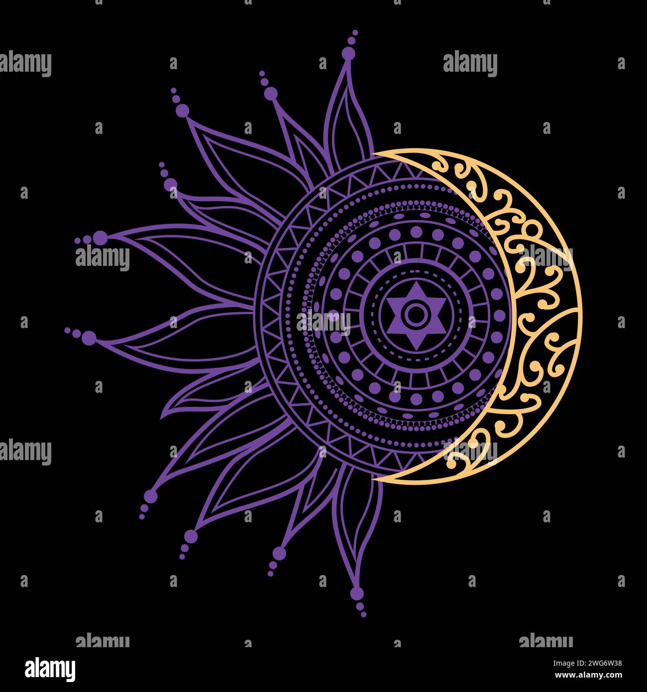Sun and moon t-shirt design with Hindu style. Violet mandala Stock ...
