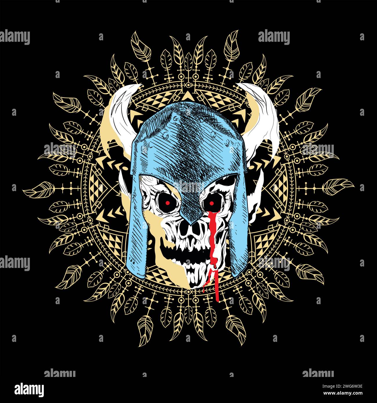T-shirt design of a skull with helmet and horns on a Hindu mandala on a ...