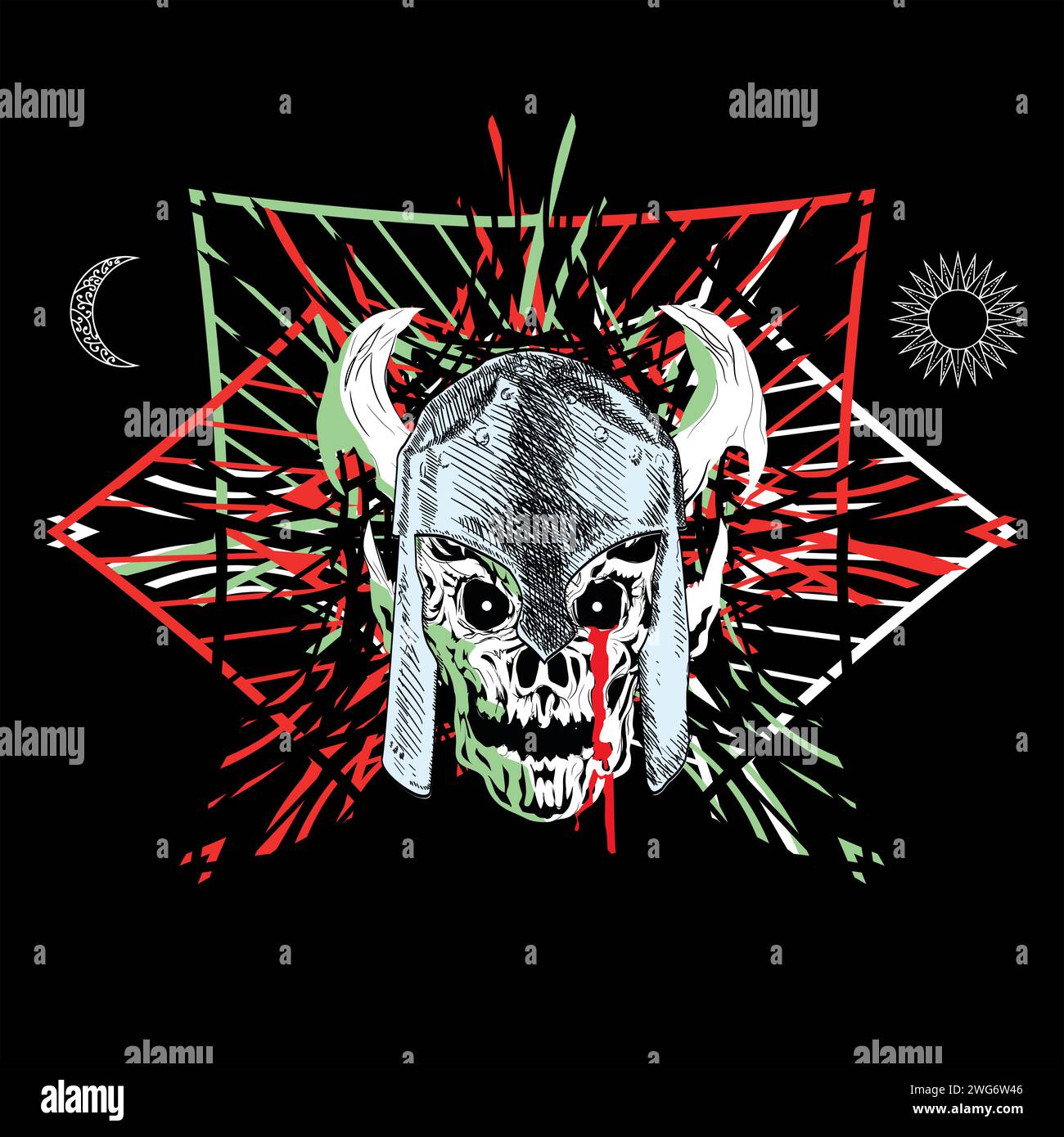 T-shirt design of a skull with a helmet with horns and the symbols of ...