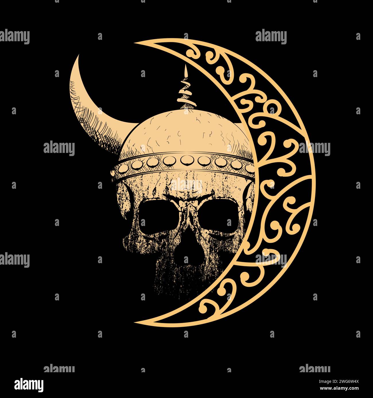 T-shirt design of a Viking skull peeking out from behind a half moon on ...