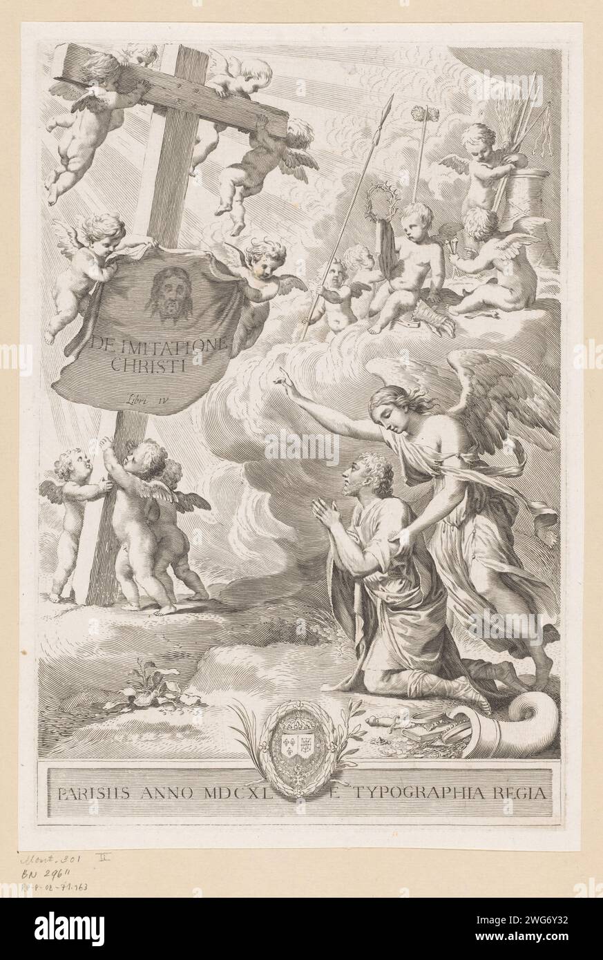 Kneeld man with angel in front of the cross of Christ with sweat cloth ...