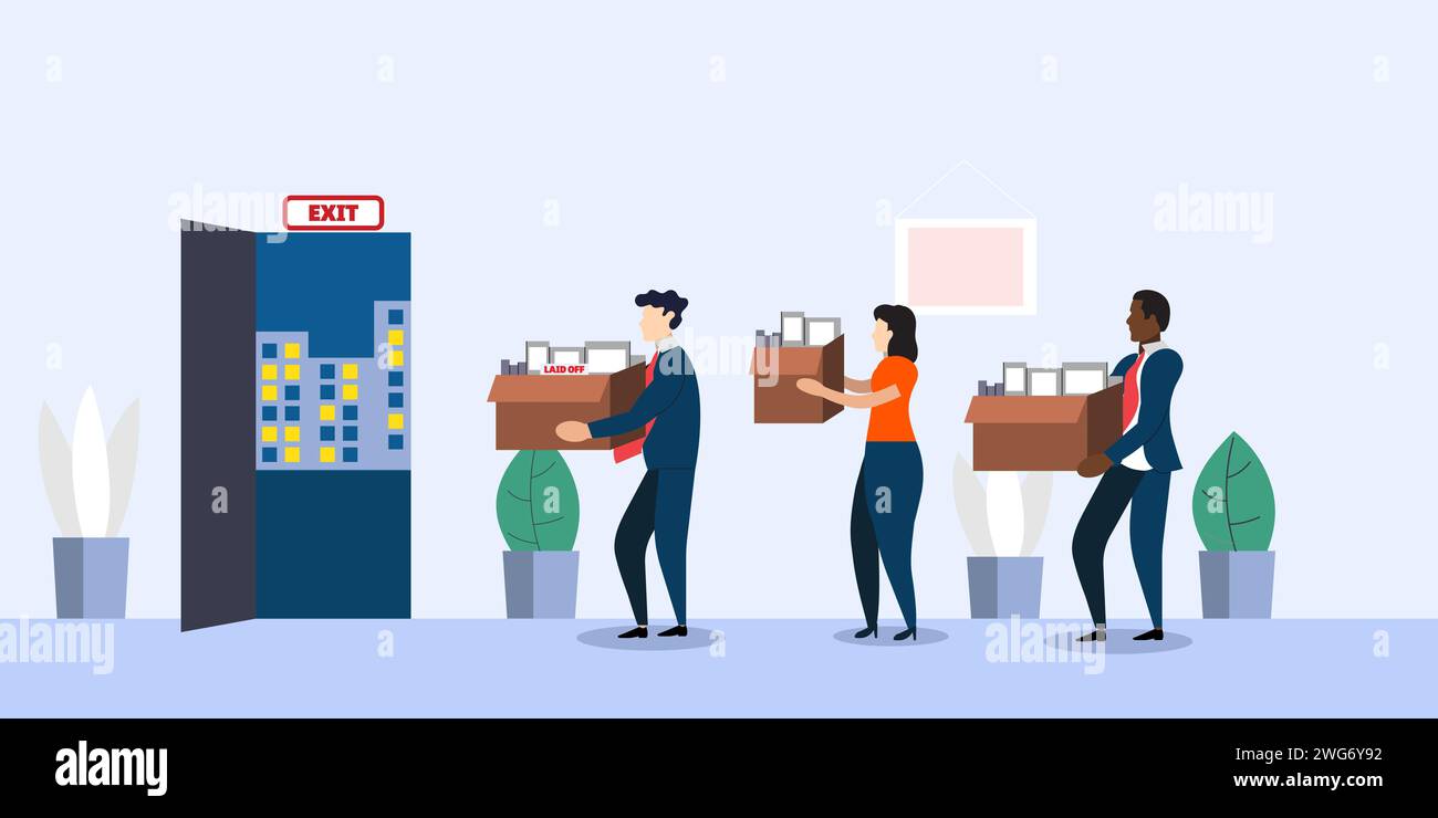 Employees carrying belongings and leaving a business after being laid ...