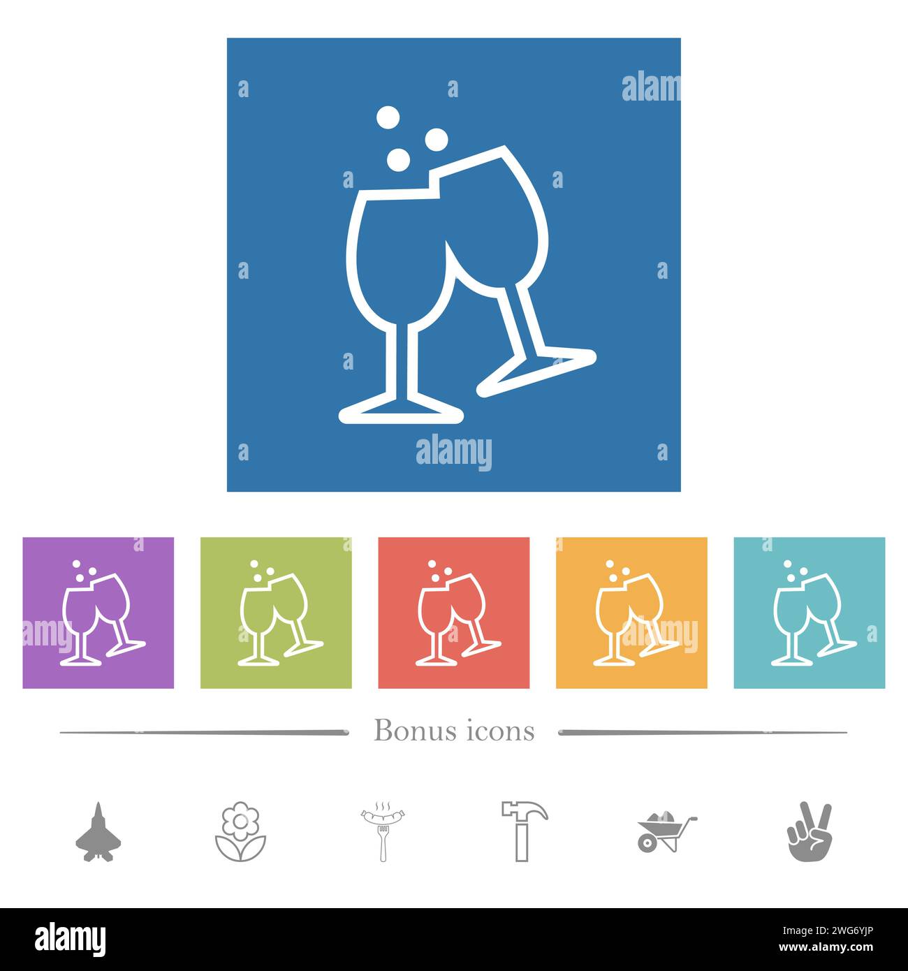 Toasting outline flat white icons in square backgrounds. 6 bonus icons ...