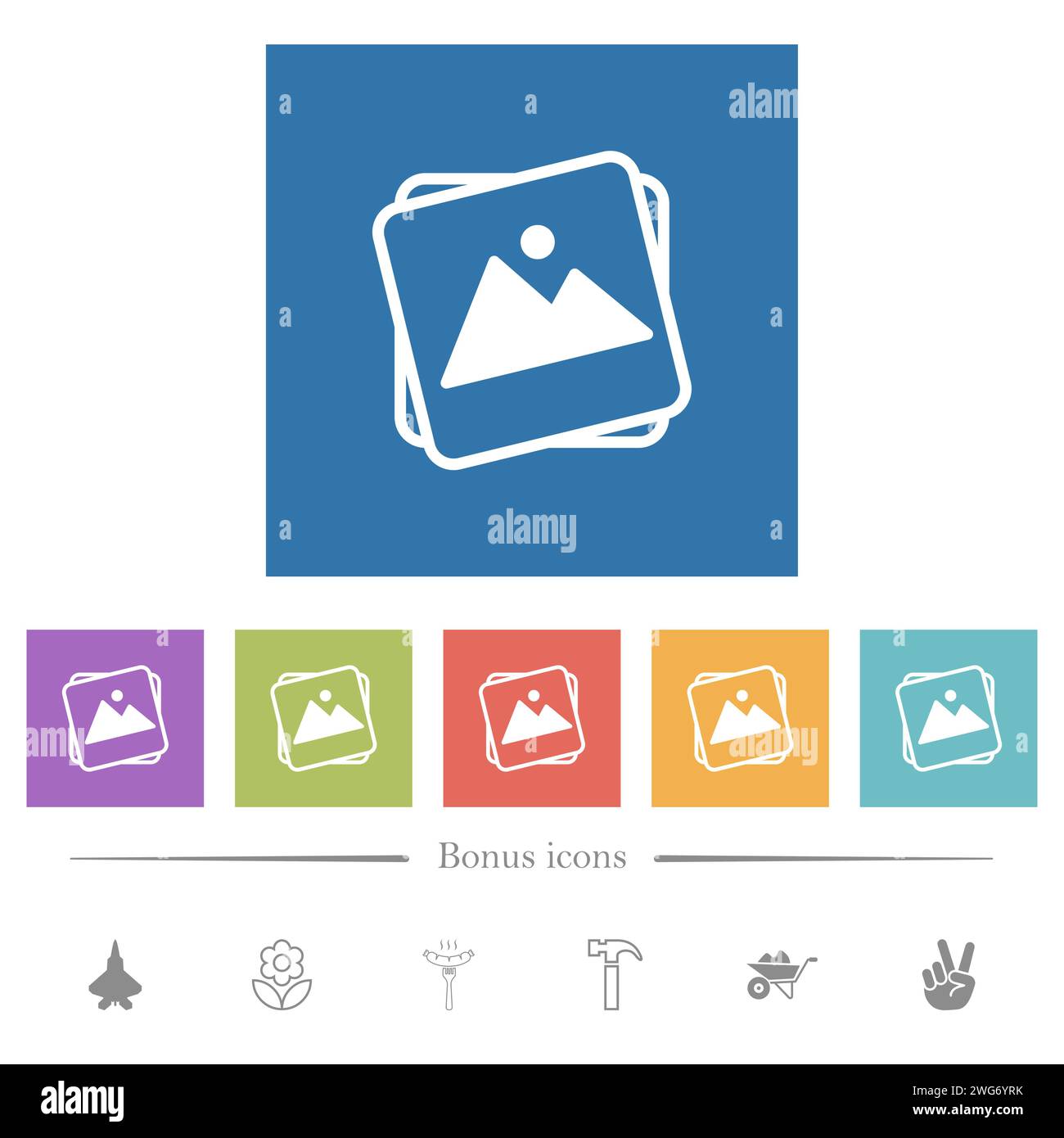 Stack of photos flat white icons in square backgrounds. 6 bonus icons ...