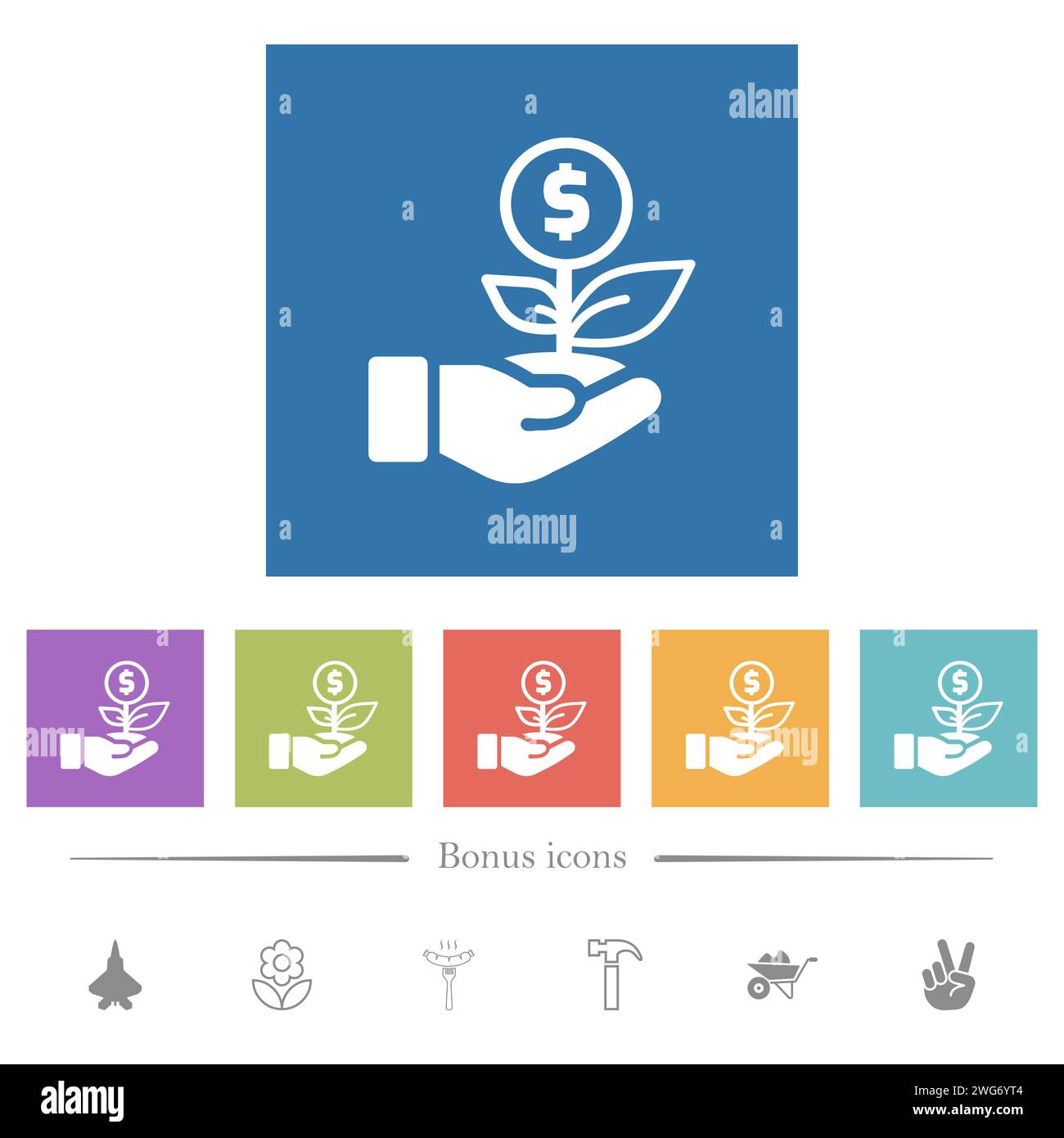 Dollar investment flat white icons in square backgrounds. 6 bonus icons ...