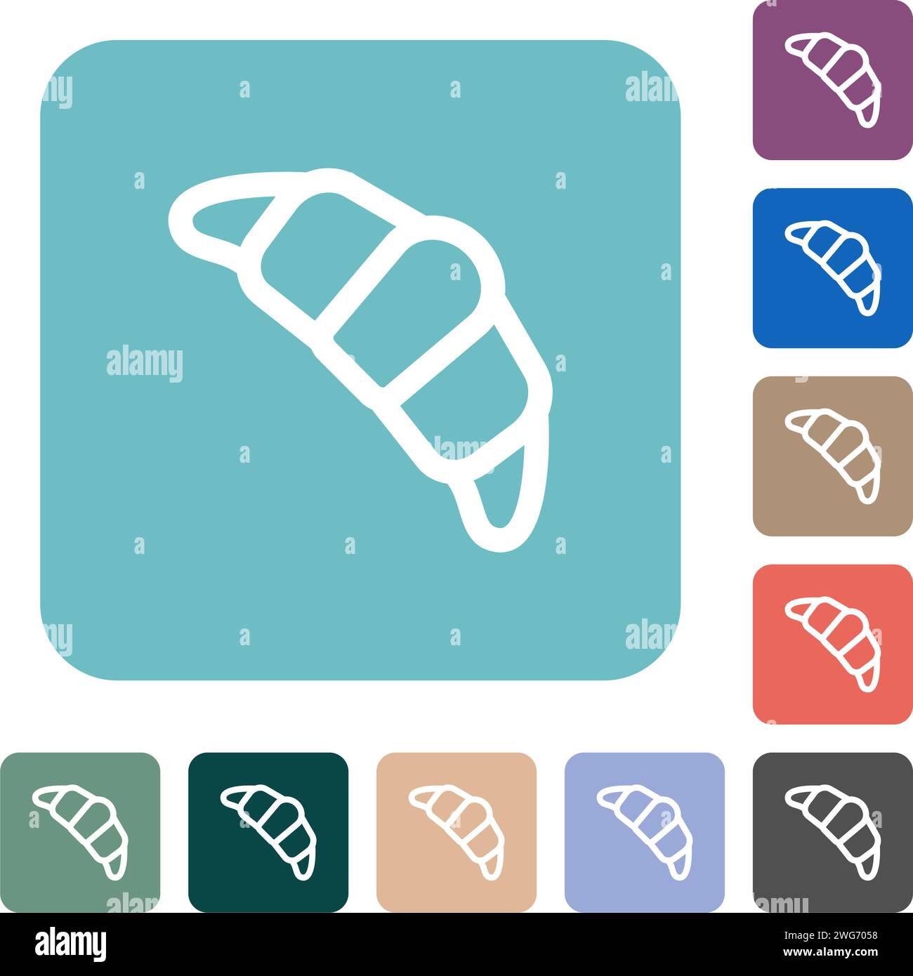 Croissant outline white flat icons on color rounded square backgrounds ...