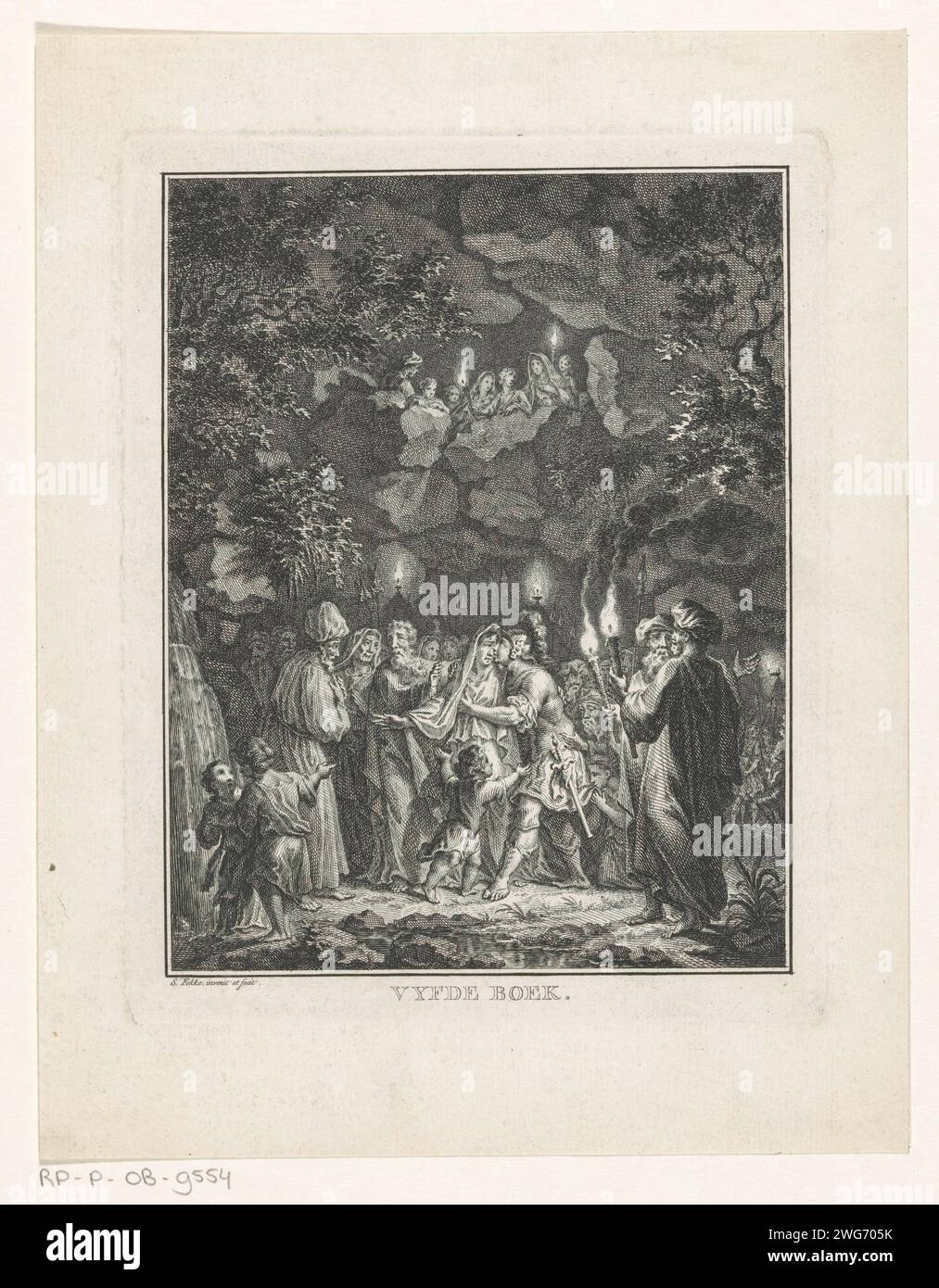 David says goodbye to Michal, Simon Fokke, 1766 print With torchlight ...