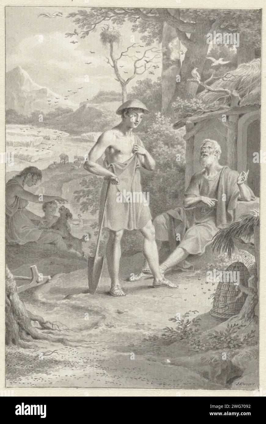 Design for a book illustration with an old narrator and a young family ...