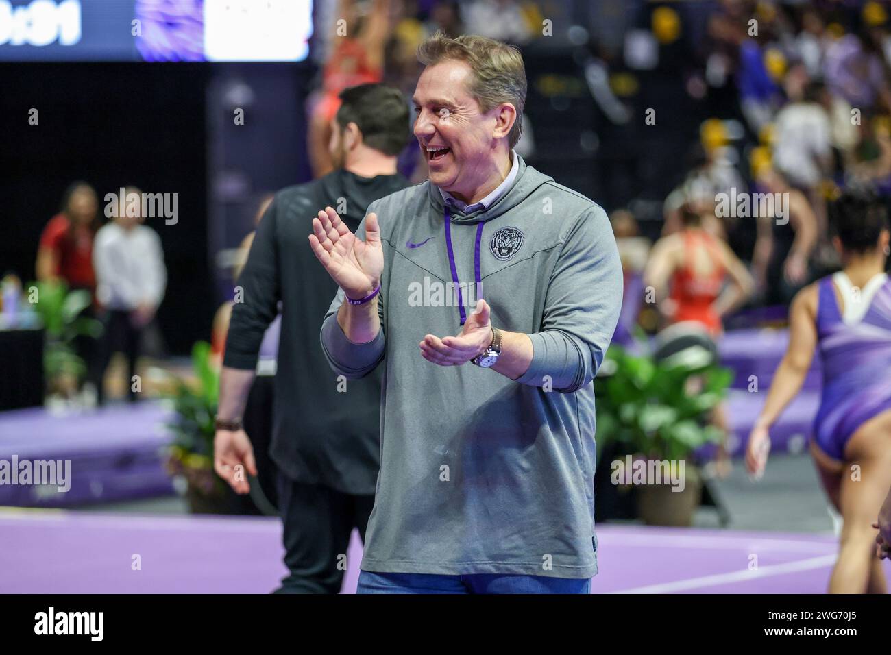 Baton Rouge, LA, USA. 02nd Feb, 2024. LSU Head Coach Jay Clark laughs ...