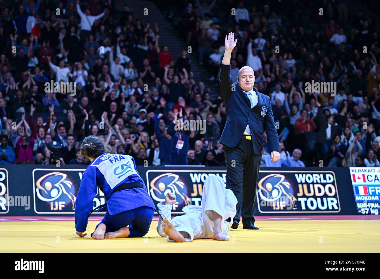 Paris, France. 03rd Feb, 2024. A referee scores an ippon during the ...