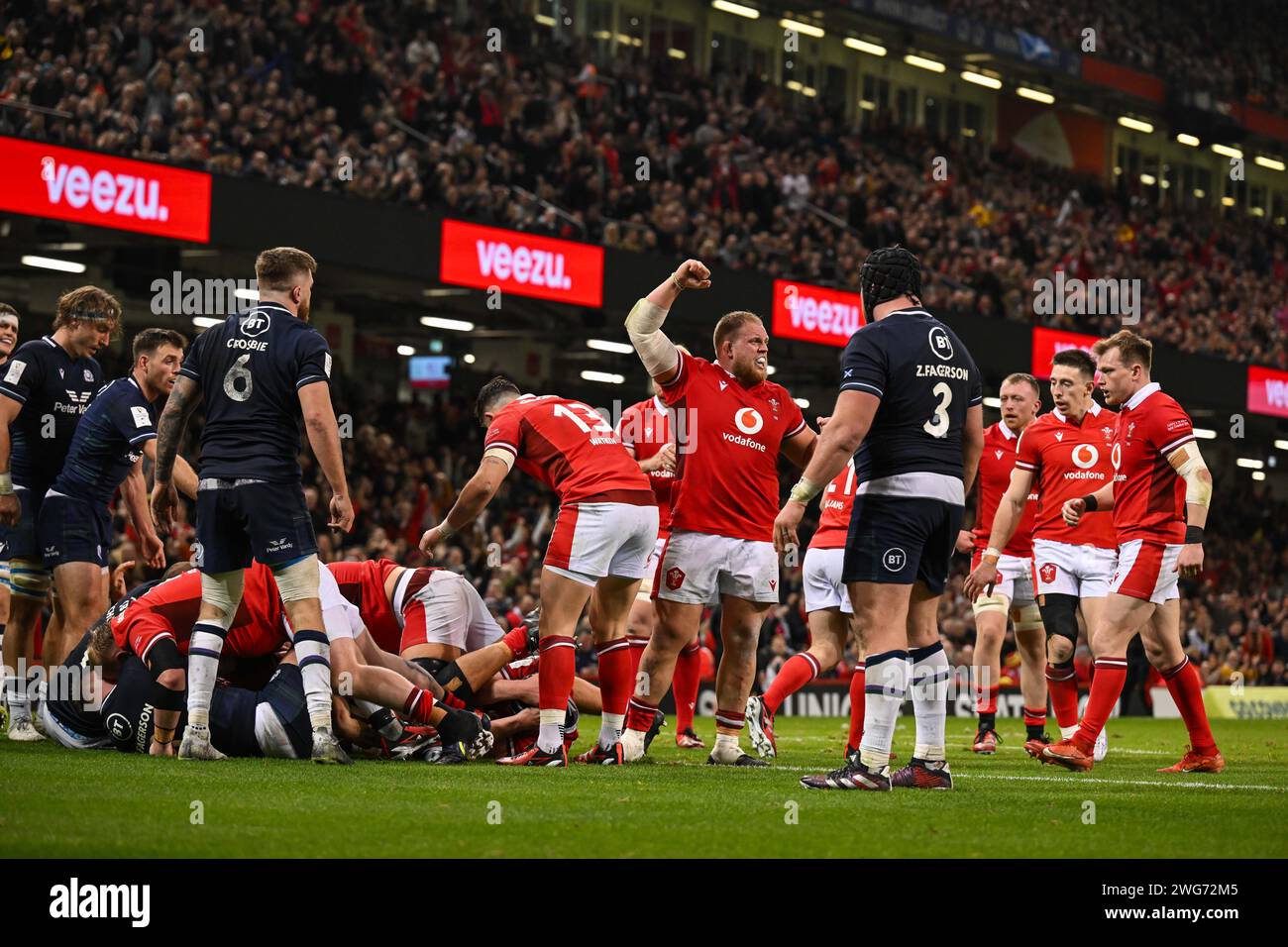James Botham of Wales goes over for a try during the 2024 Guinness 6 ...