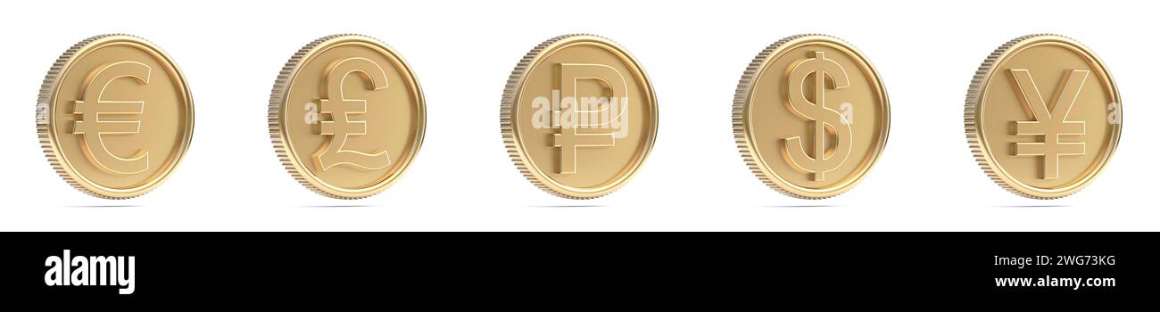 Golden coins currencies signs 3D rendering illustration isolated on ...