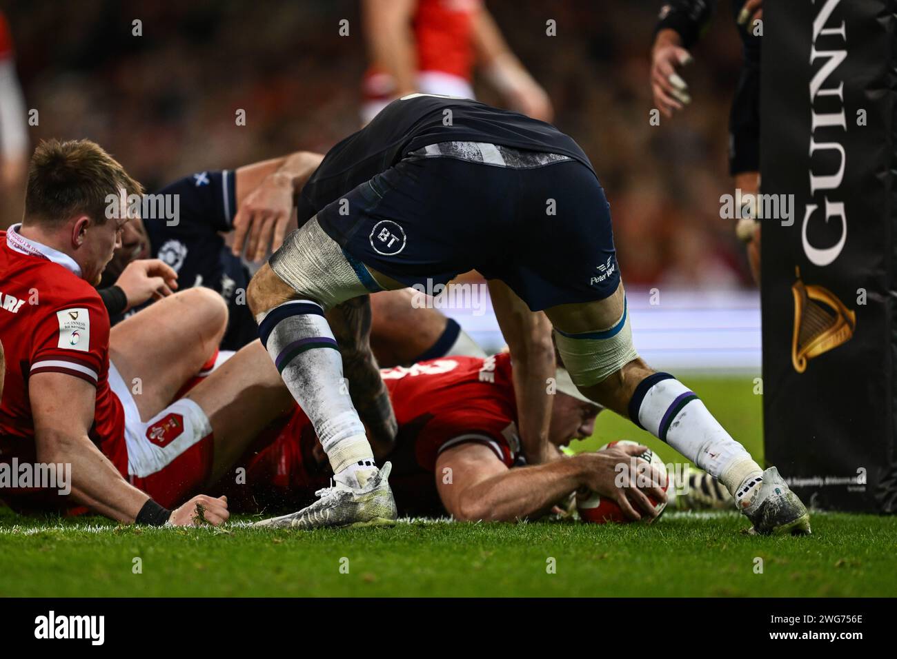 Aaron Wainwright of Wales goes over for a try during the 2024 Guinness ...