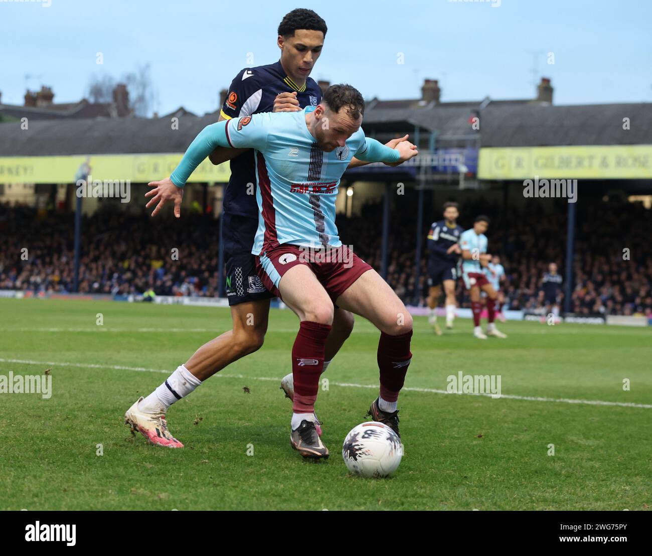 Southend, UK. 3 Feb, 2024. DLouis Storey of Gateshead holds of Marcus ...