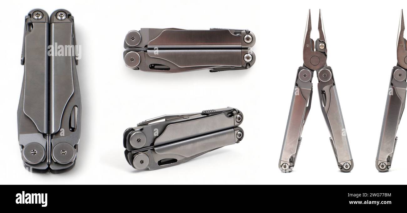 Modern steel multitool with many tools isolated on a white background ...