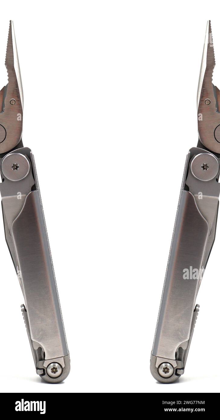 One modern gray iron open folding multifunctional knife isolated on a ...