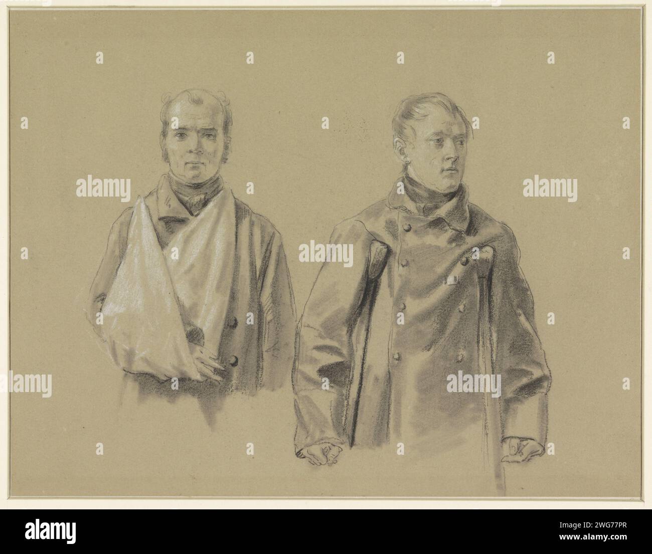 Two wounded soldiers, the left with his arm in a sling, the right on ...