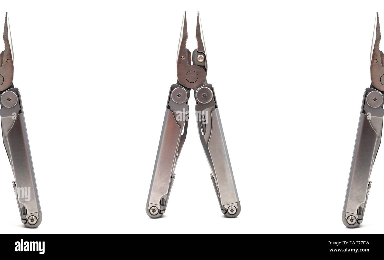 Modern steel multitool with many tools isolated on white background ...