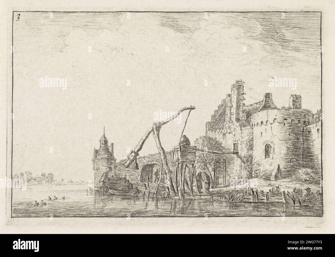 City wall seen from the water, Anthonie Waterloo, 1725 - 1832 print ...