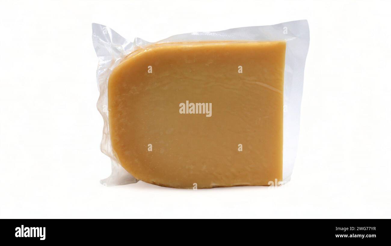 One parmesan cheese triangle in a transparent plastic wrap with soft ...