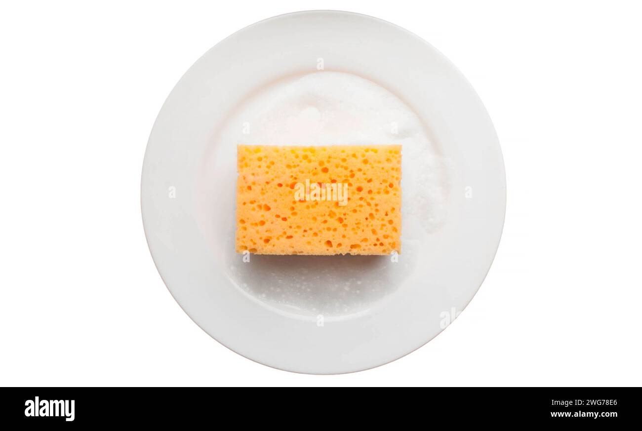 Cleaning yellow sponge on a white plate with soap foam isolated on a ...