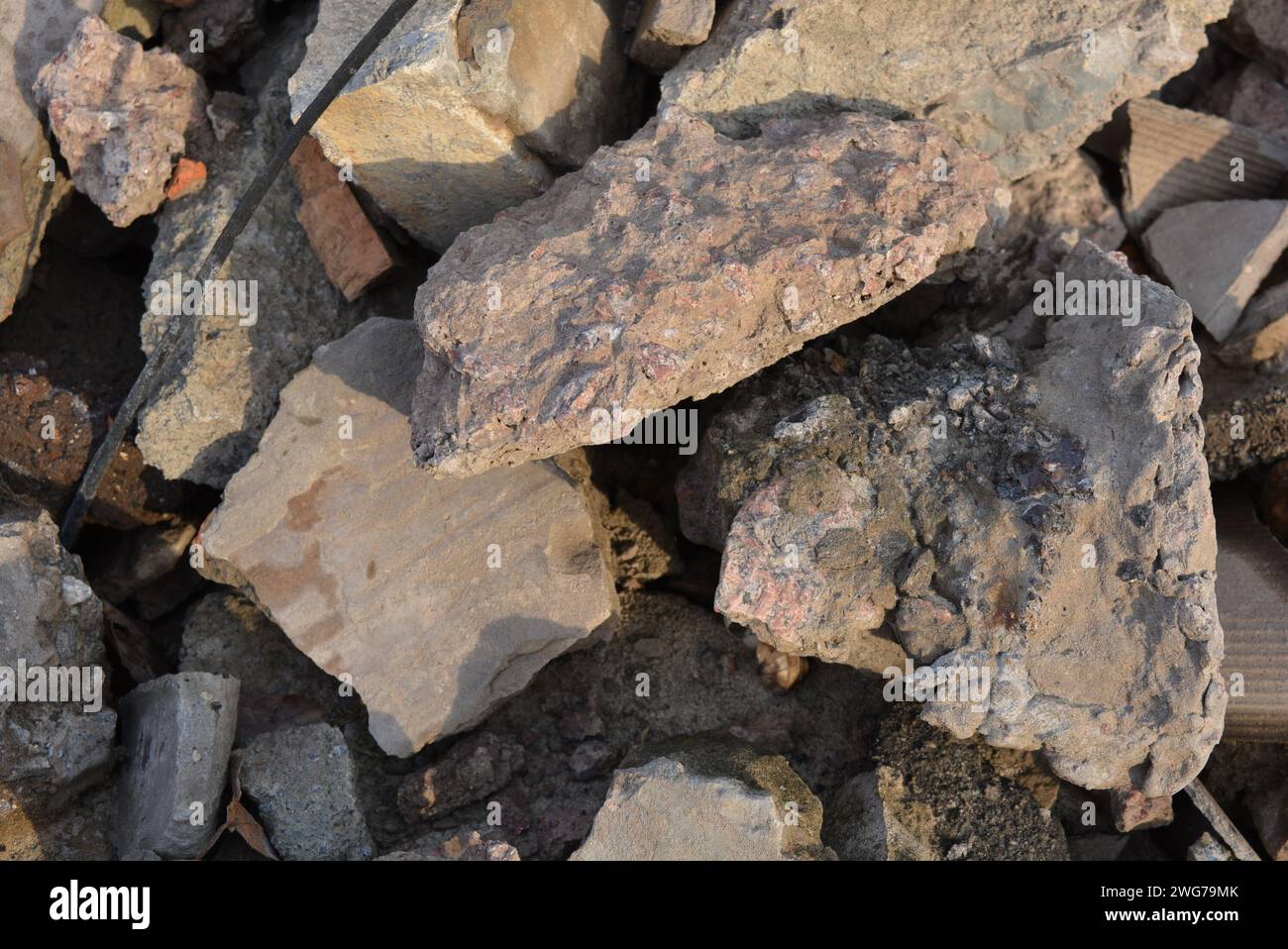 Construction trash, various construction stones, broken bricks, broken ...