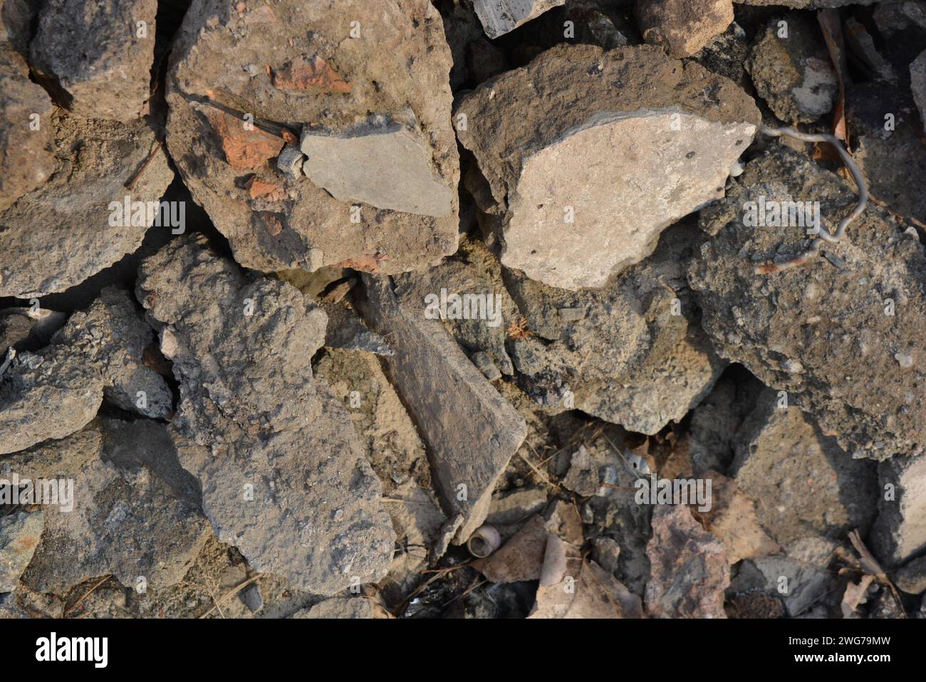 Construction trash, various construction stones, broken bricks, broken ...