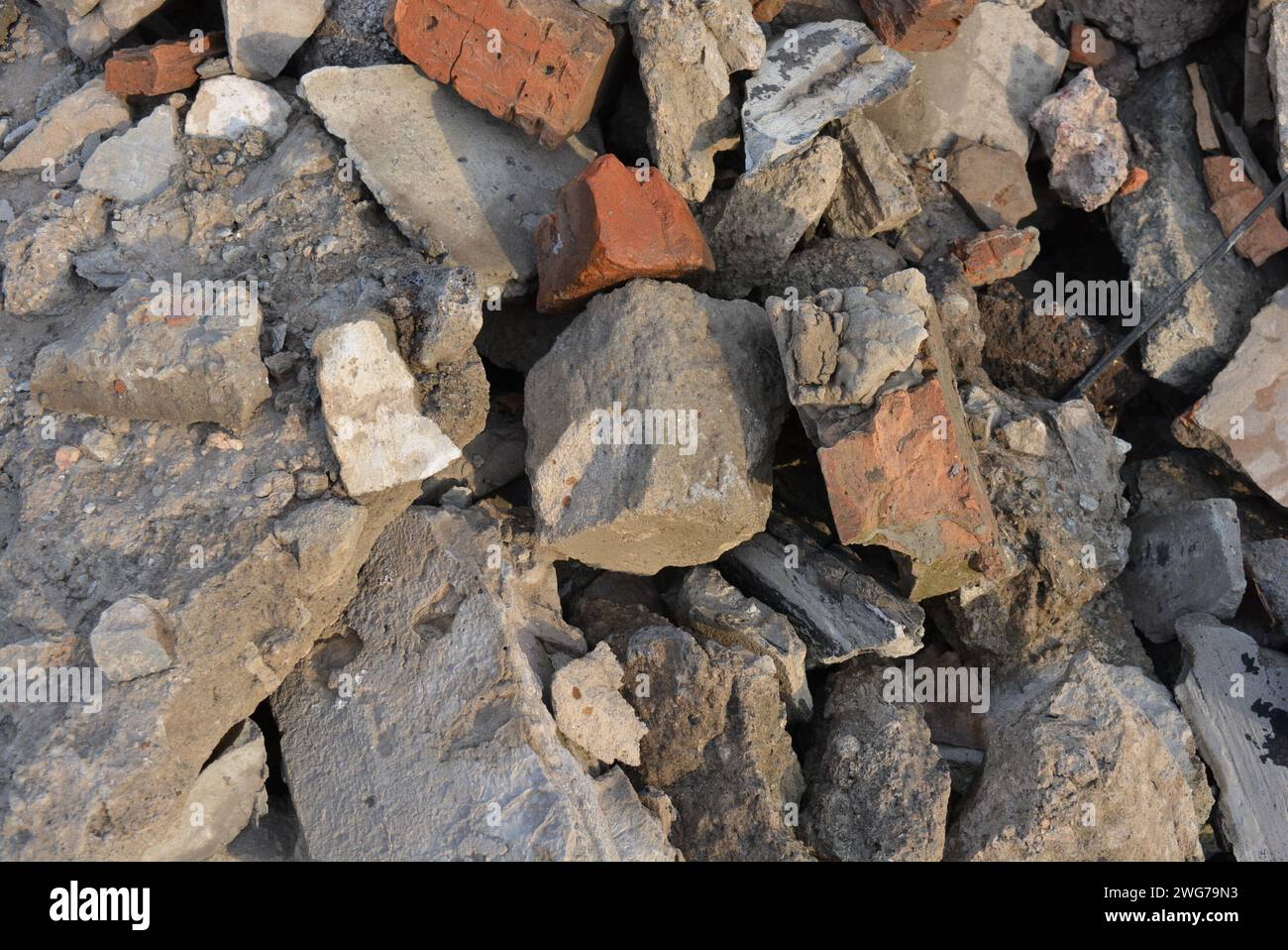 Construction trash, various construction stones, broken bricks, broken ...