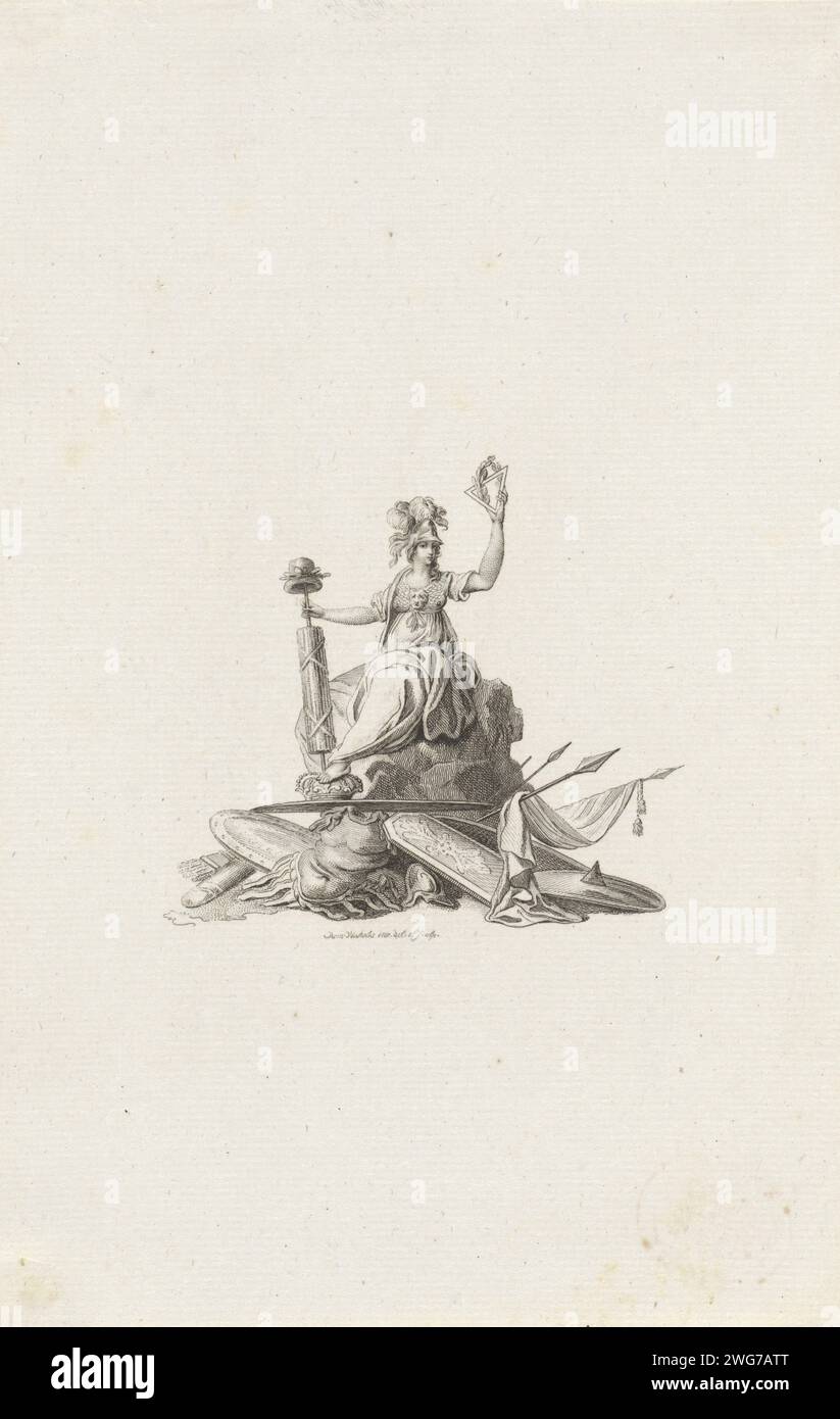 Vignette with the personification of freedom sitting on weapons ...