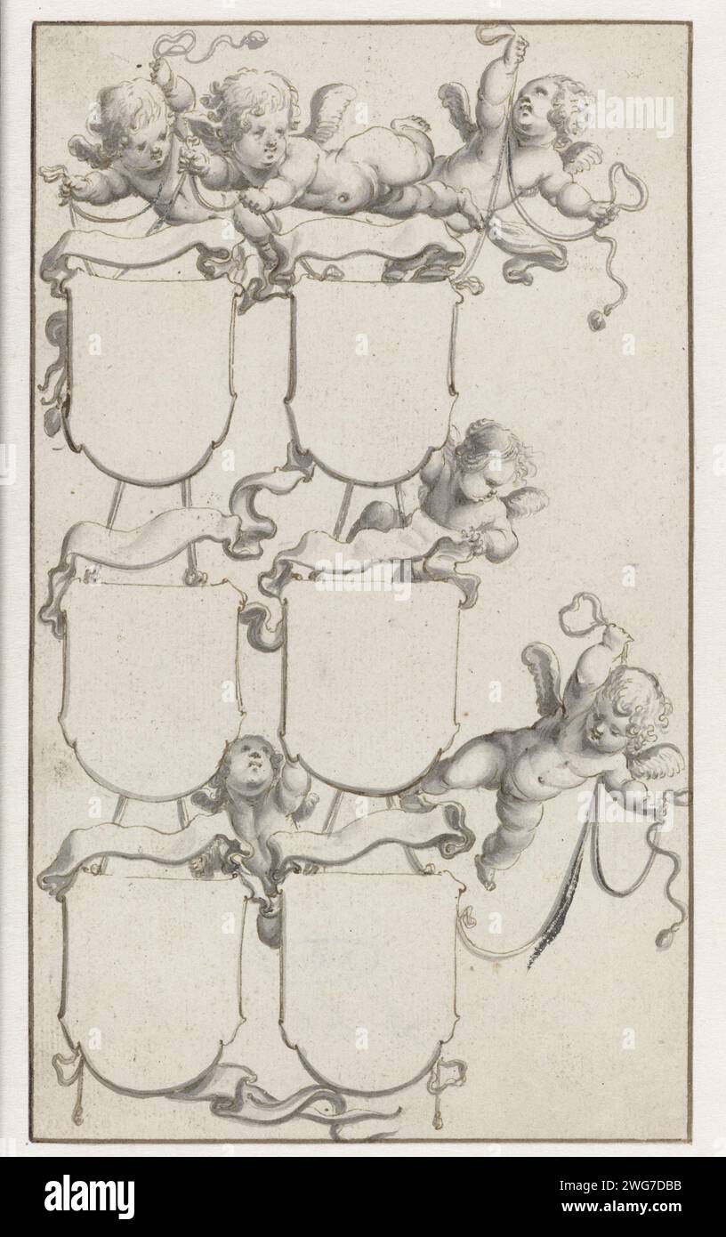 Six putti with coats of arms, Pieter Jansz, 1640 - 1645 drawing Design ...