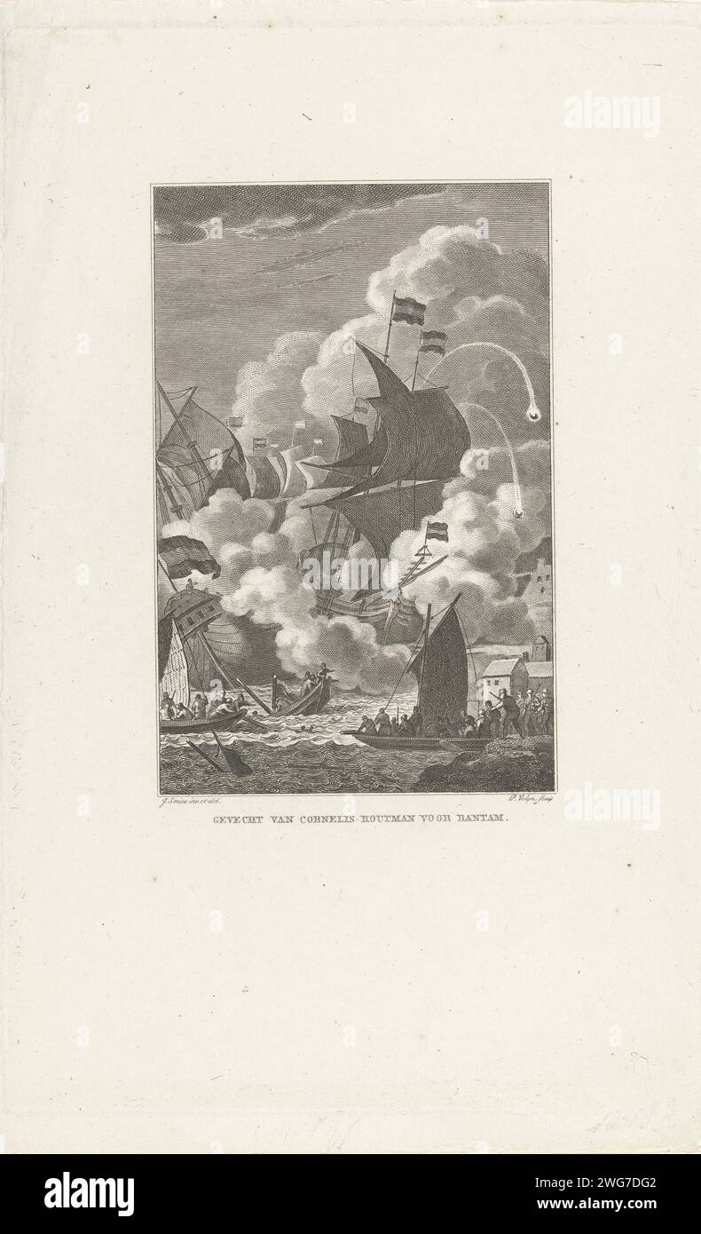 Cornelis de Houtman in fight before Bantam, 1596, 1823 - 1829 print ...