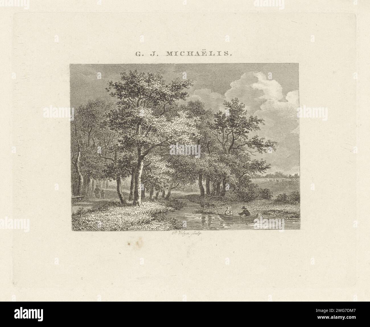 Figures in a rowing boat in a tree -rich landscape, Philippus Velijn ...