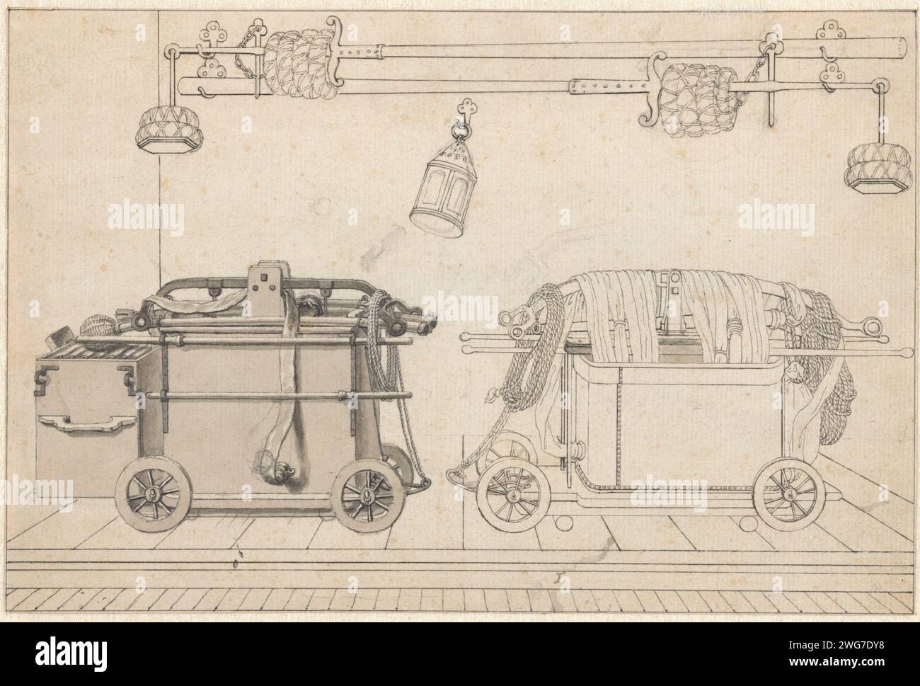 Two hose fire sprayers with rolled up snakes, Jan van der Heyden, 1685 ...