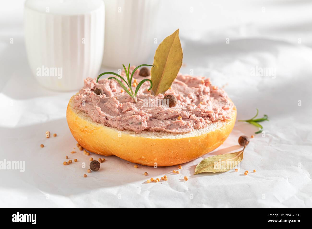 Delicious and spicy sandwich with pate, spices and herbs. Sandwich with ...