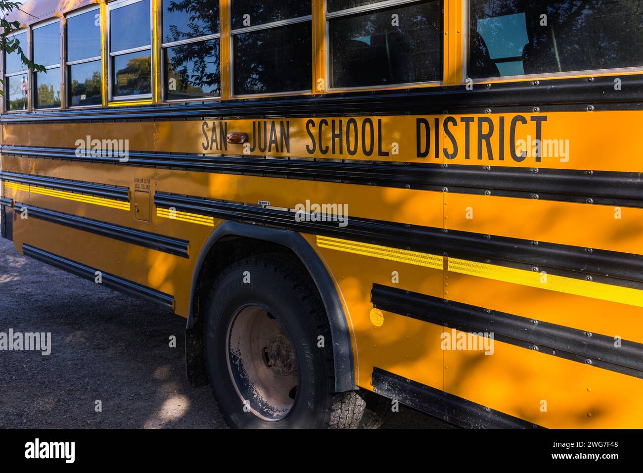 United States. Utah. San Juan County. School bus in Bluff. Bluff is a ...