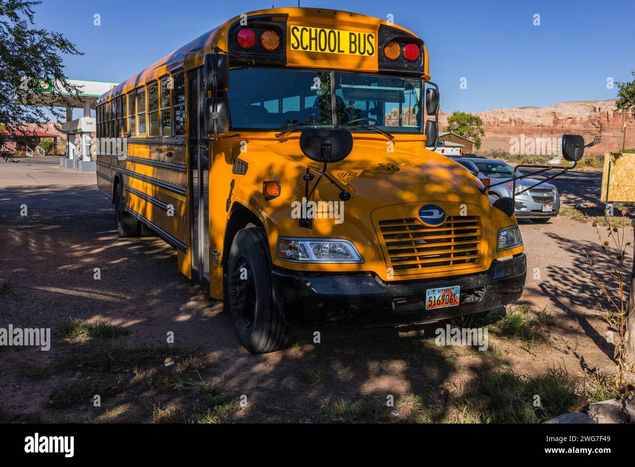 United States. Utah. San Juan County. School bus in Bluff. Bluff is a ...
