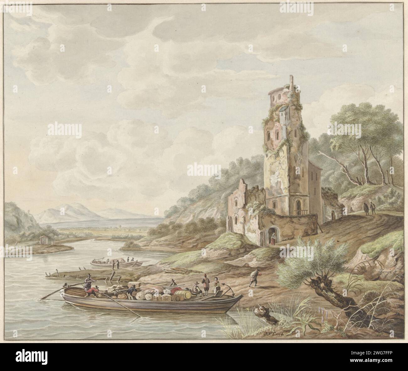 Landscape with barge with merchandise at a castle, Jan van Lockhorst ...