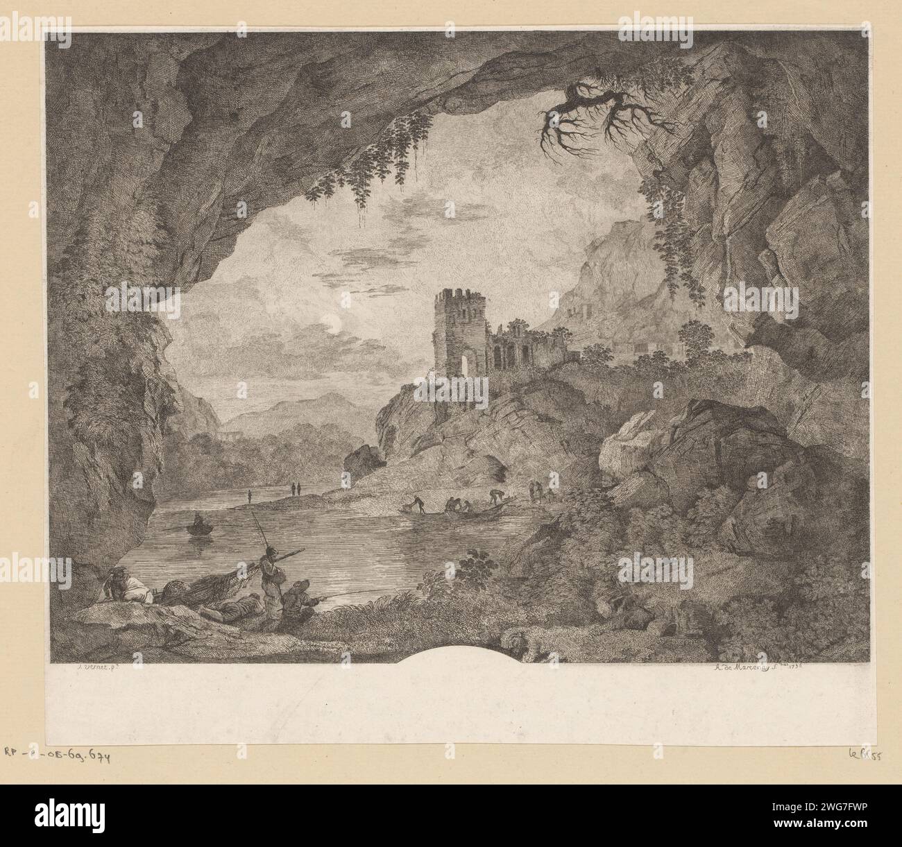 River landscape in Moonlight, seen from a cave, Antoine de Marcenay de ...