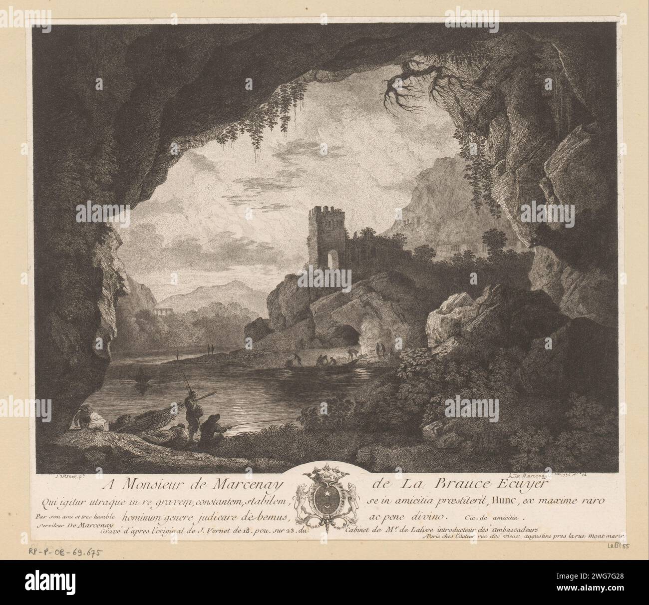 River landscape in Moonlight, seen from a cave, Antoine de Marcenay de ...