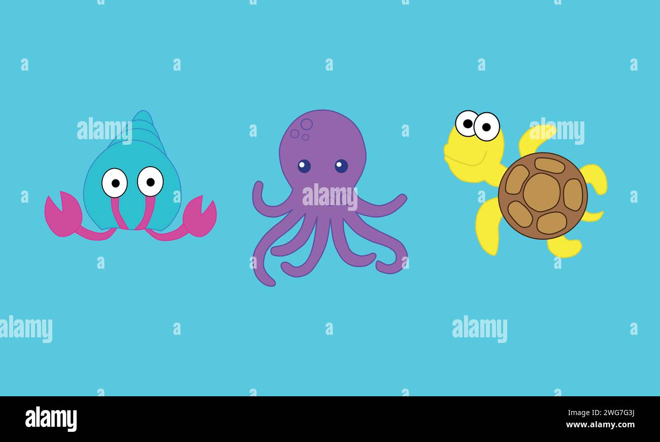 Seashell, octopus and turtle on the cyan background Stock Vector Image ...
