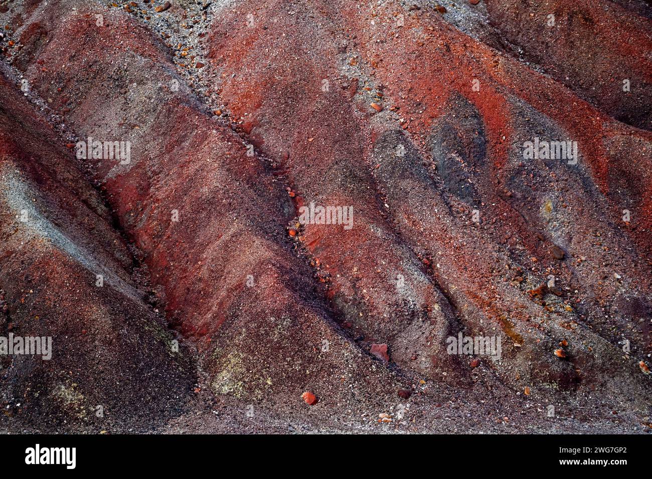 Detailed view of the earthy red and brown striated mineral layers in ...