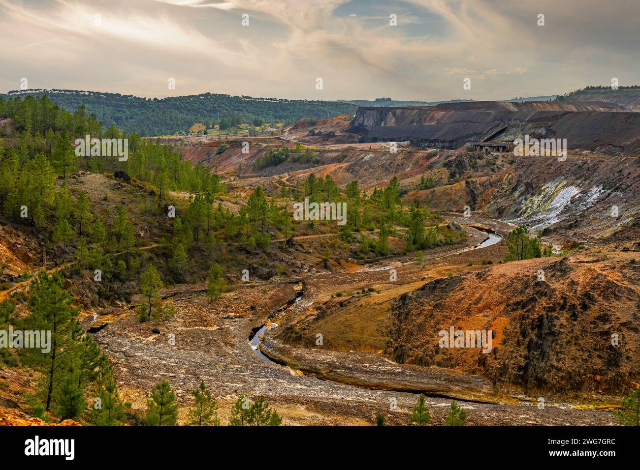 Overlooking the historic mining landscape of Rio Tinto with its winding ...