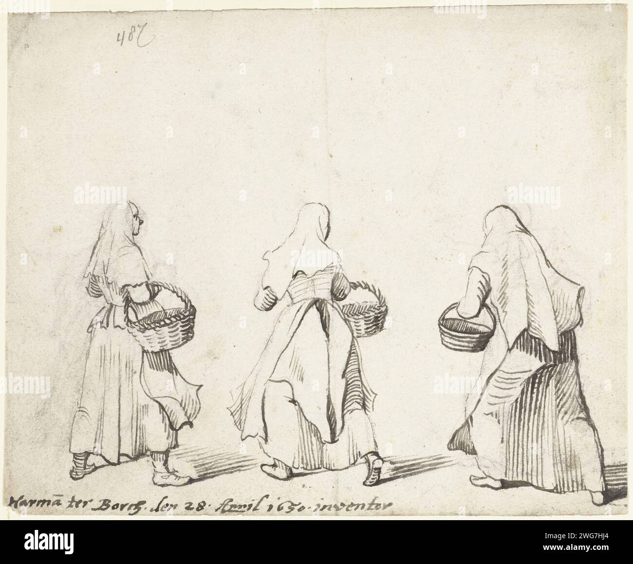 Study sheet with three current women, from behind, 1650 drawing Zwolle ...