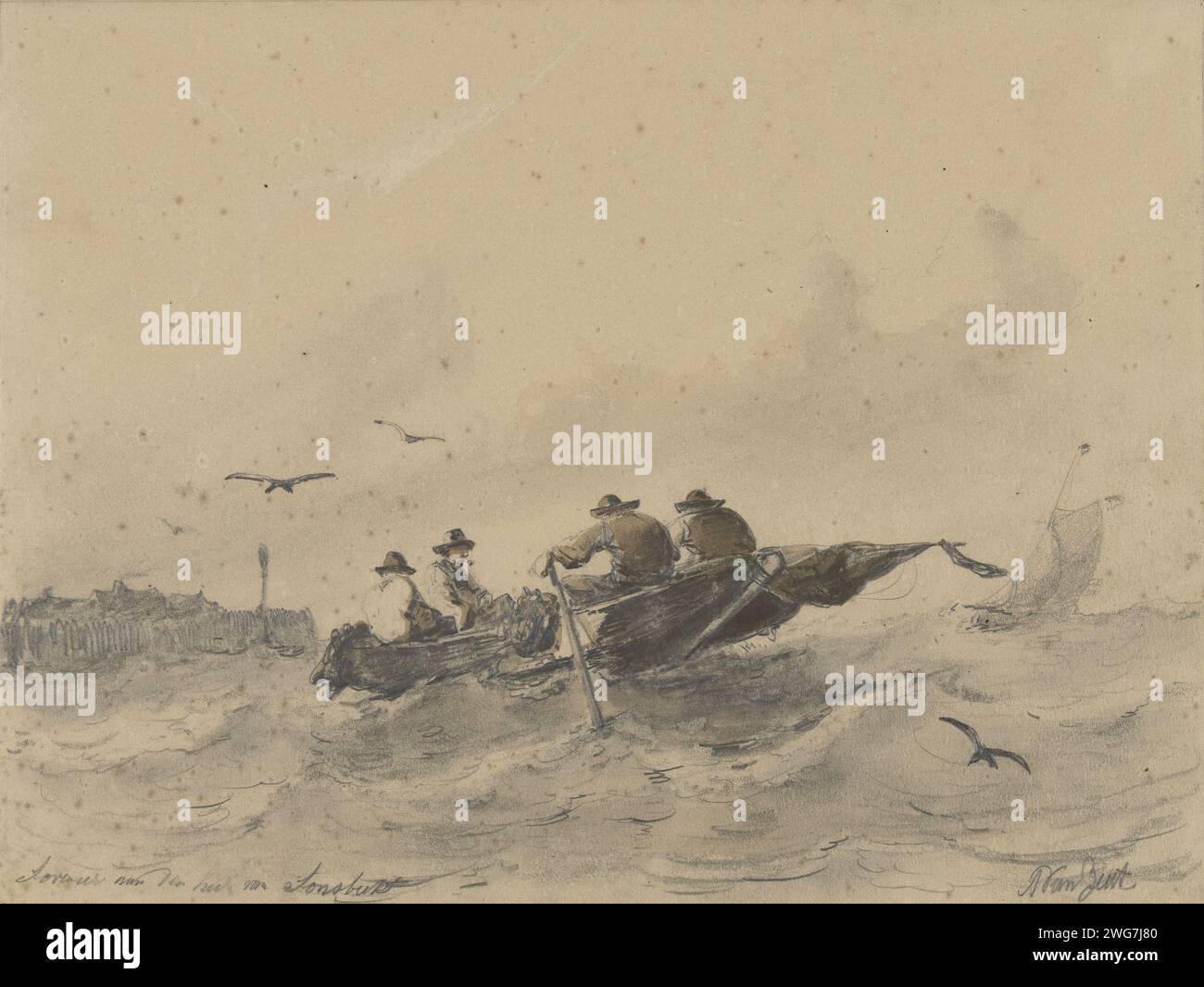 Four men in a rowing boat, Albertus van Beest, 1830 - 1860 drawing ...
