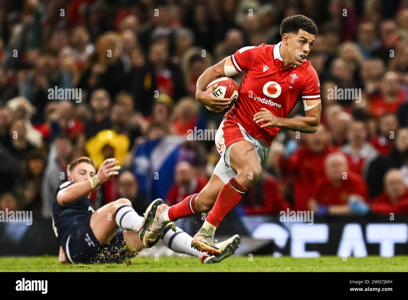 Rio Dyer of Wales makes a break during the 2024 Guinness 6 Nations ...